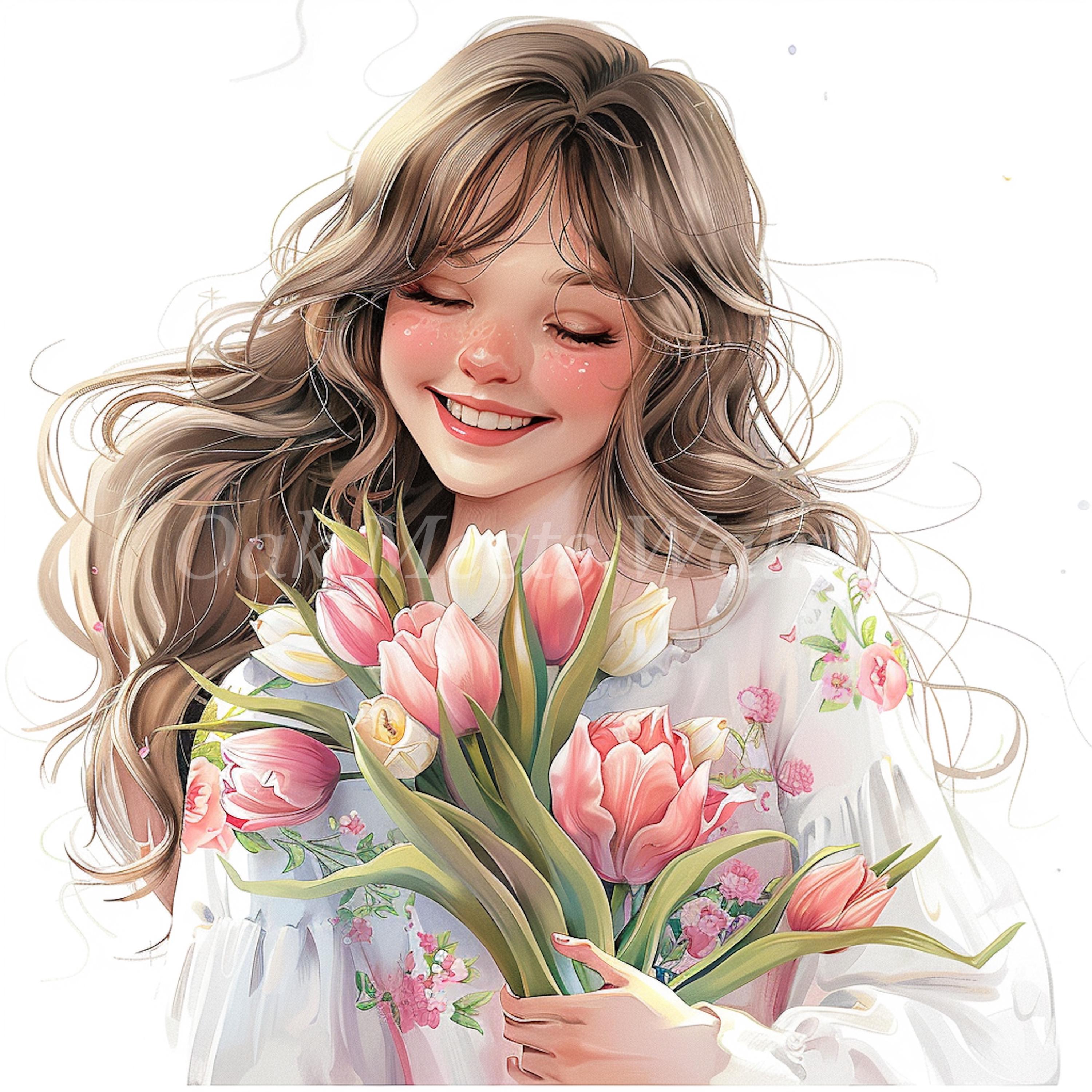 Watercolor Girl With Flowers Clipart: Floral JPG Bundle (digital ...