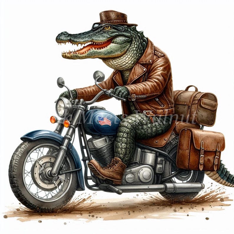 Alligator on Motorcycle Clipart: Watercolor Animal Biker Art (digital ...