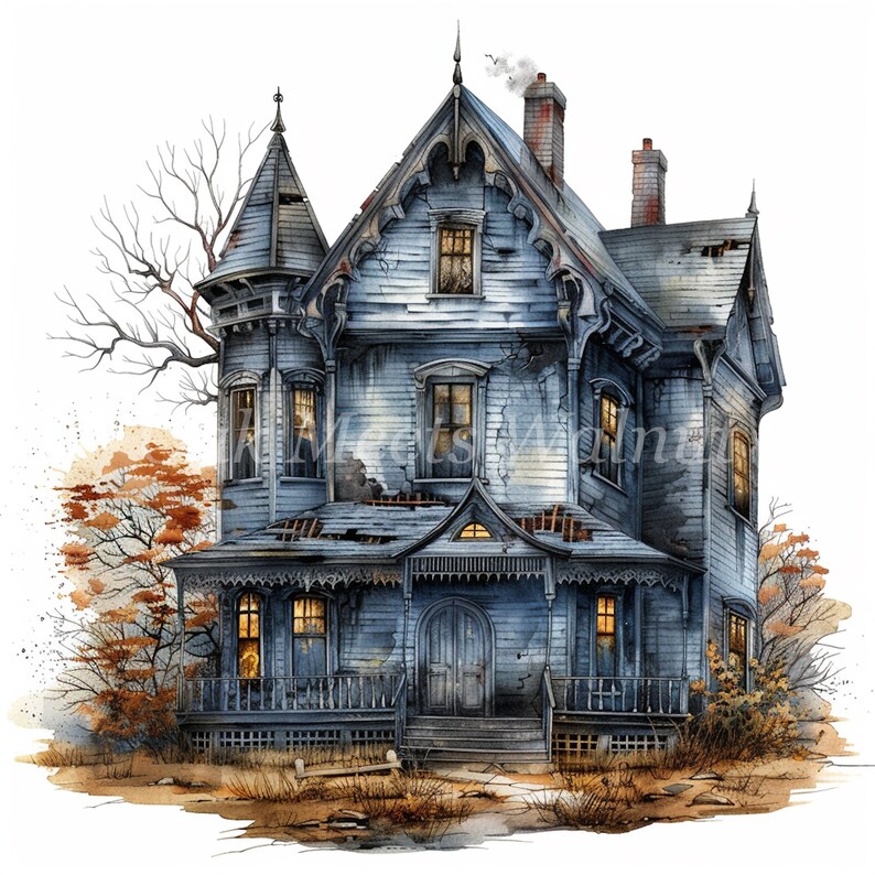 Watercolor Haunted House Clipart: Halloween Horror Images (digital ...
