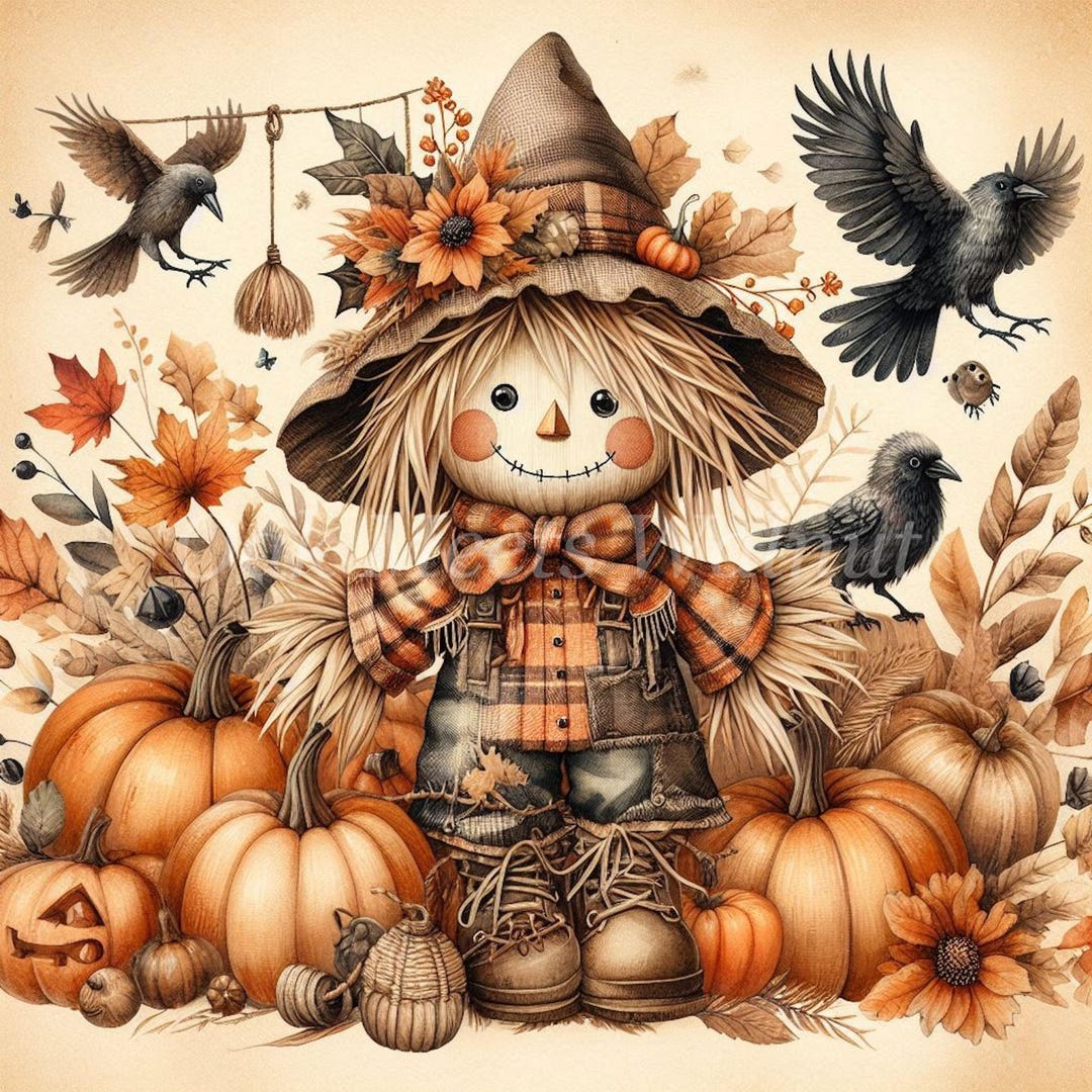 Scarecrow Pumpkin Patch Clipart: Watercolor Fall Graphics (JPG Digital ...