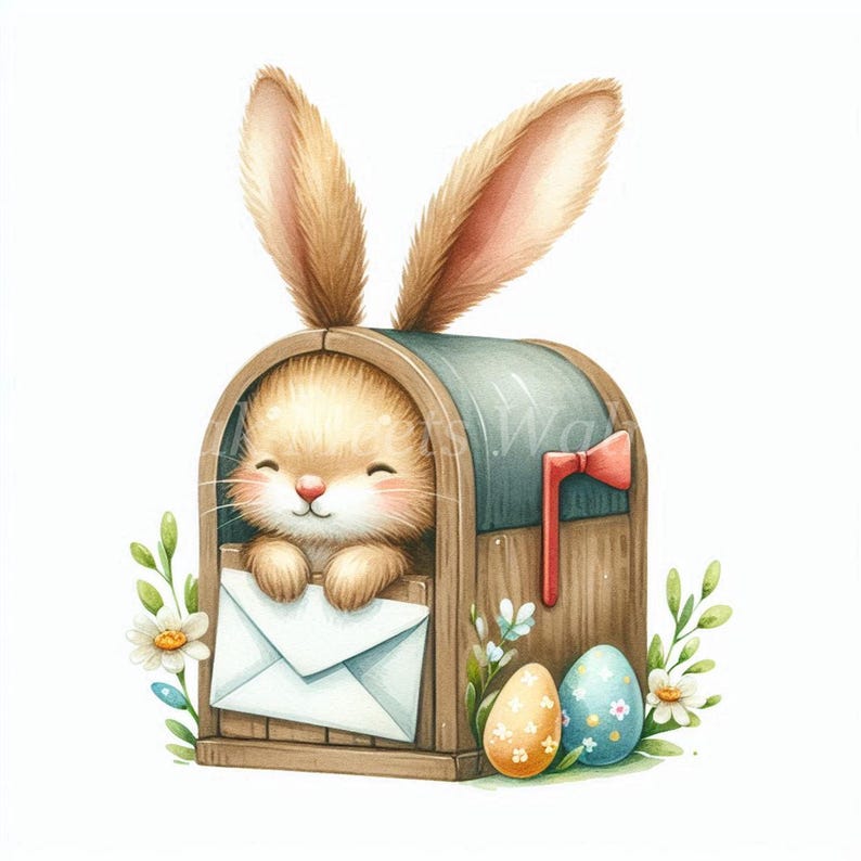 Watercolor Easter Bunny Mailbox Clipart: Scrapbook Graphics (digital ...