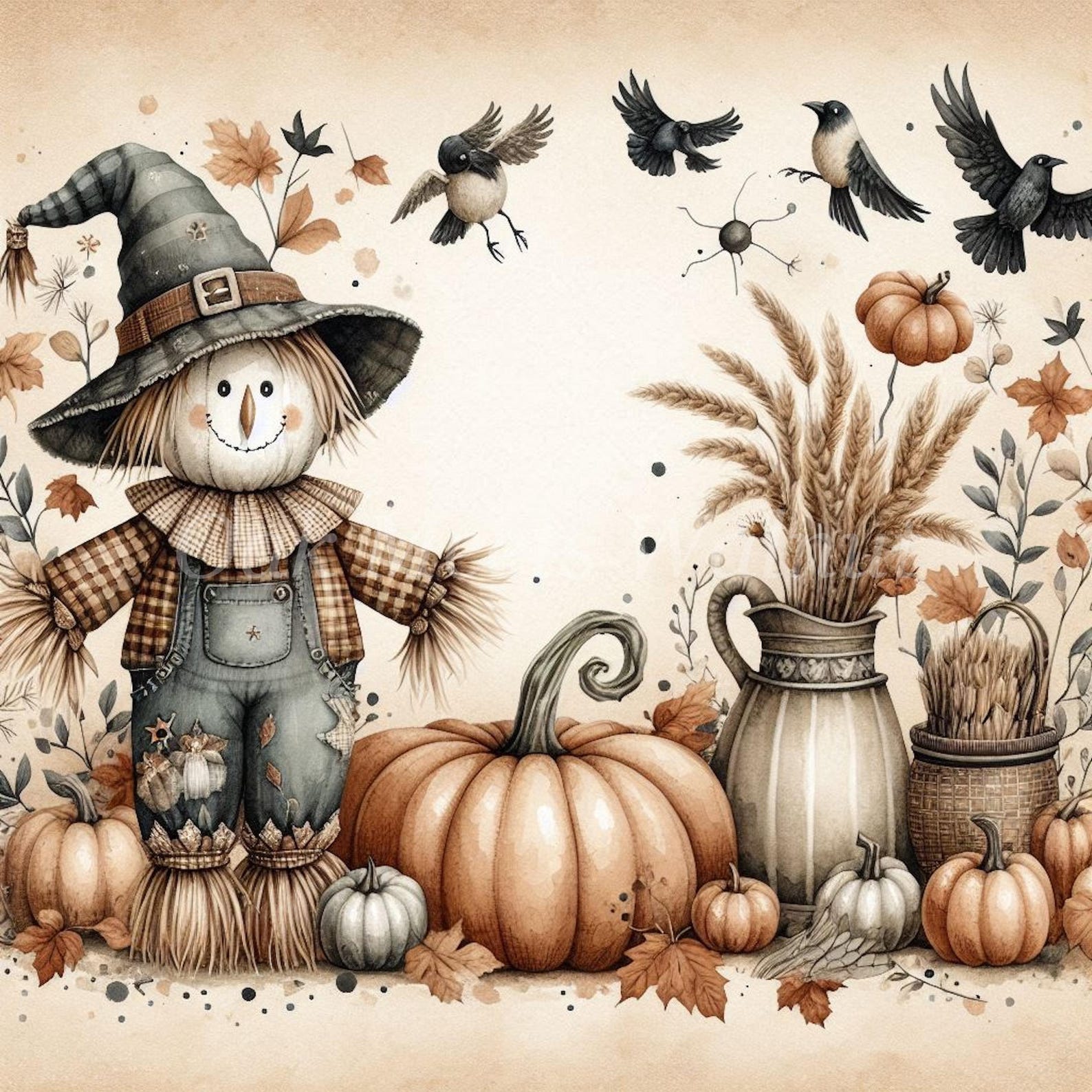 Scarecrow Pumpkin Patch Clipart: Watercolor Fall Graphics (JPG Digital ...