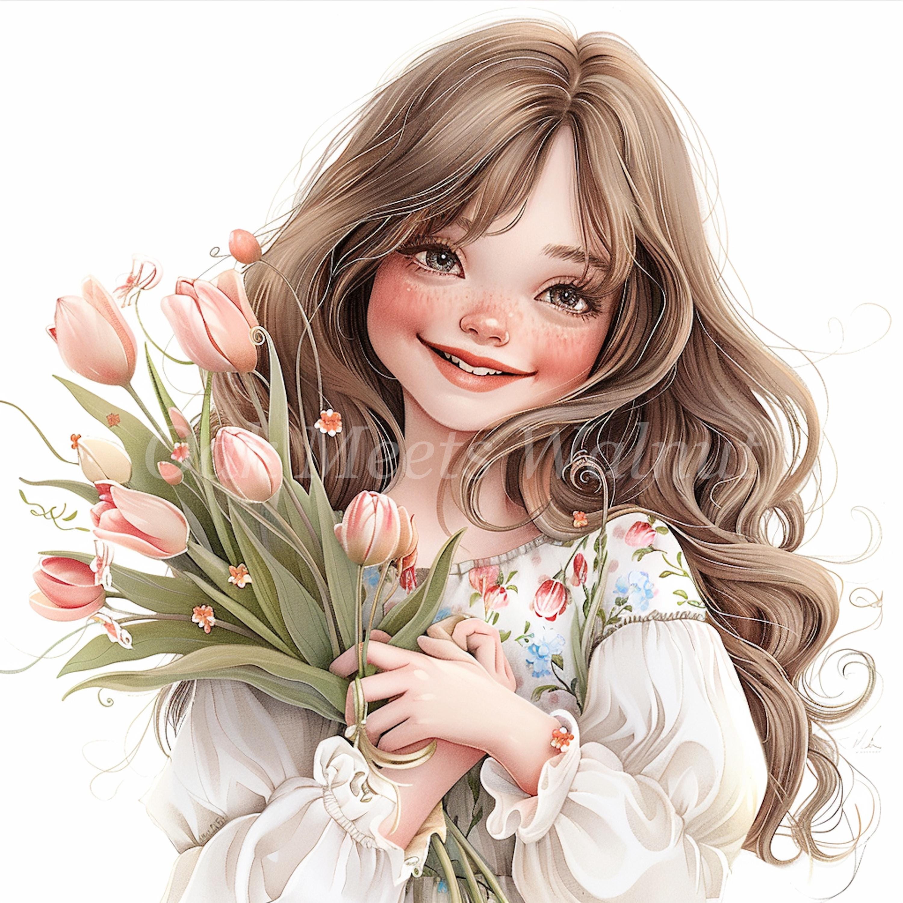 Watercolor Girl With Flowers Clipart: Floral JPG Bundle (digital ...