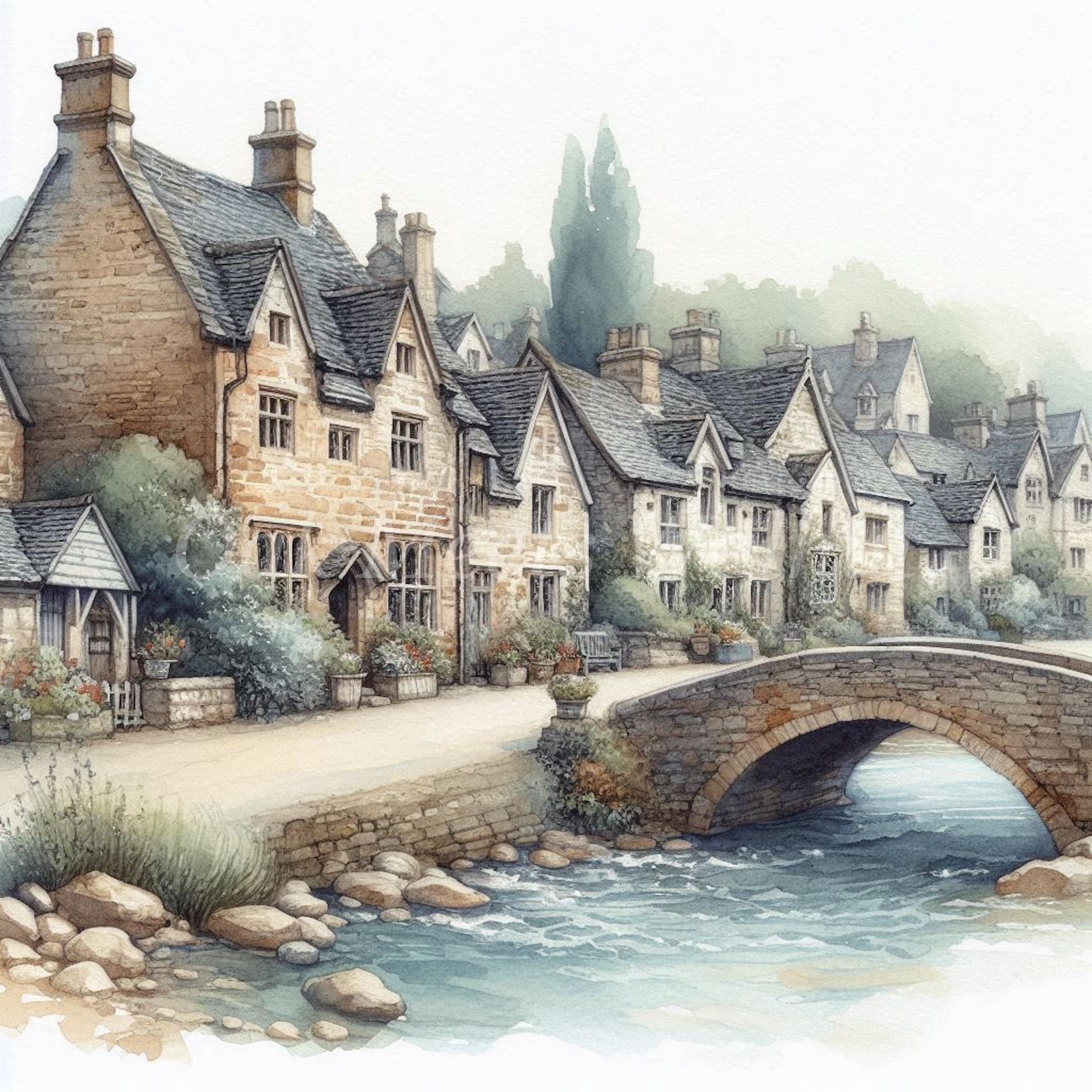 Watercolor Old English Village Clipart: Landscape Illustration Bundle ...