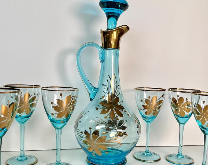 MCM Romanian Teal Blue Decanter/carafe and Six Stemware Barware Glasses ...