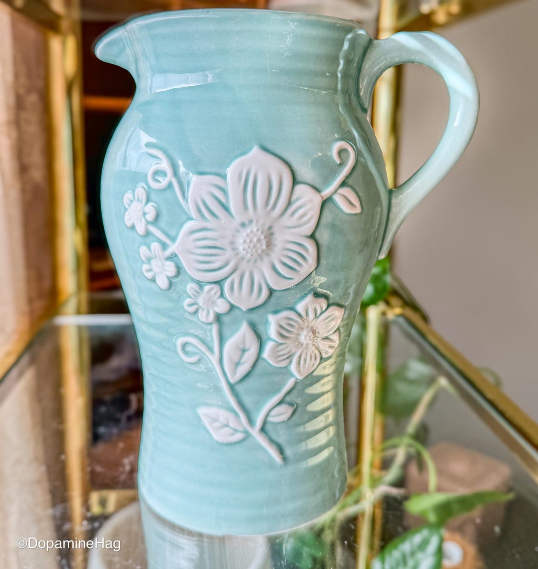 Teleflora Turquoise Aqua Pitcher Vase With White Embossed Flower - Etsy