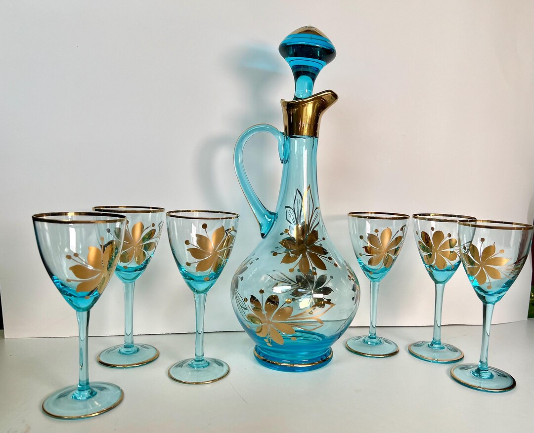MCM Romanian Teal Blue Decanter/carafe and Six Stemware Barware Glasses ...
