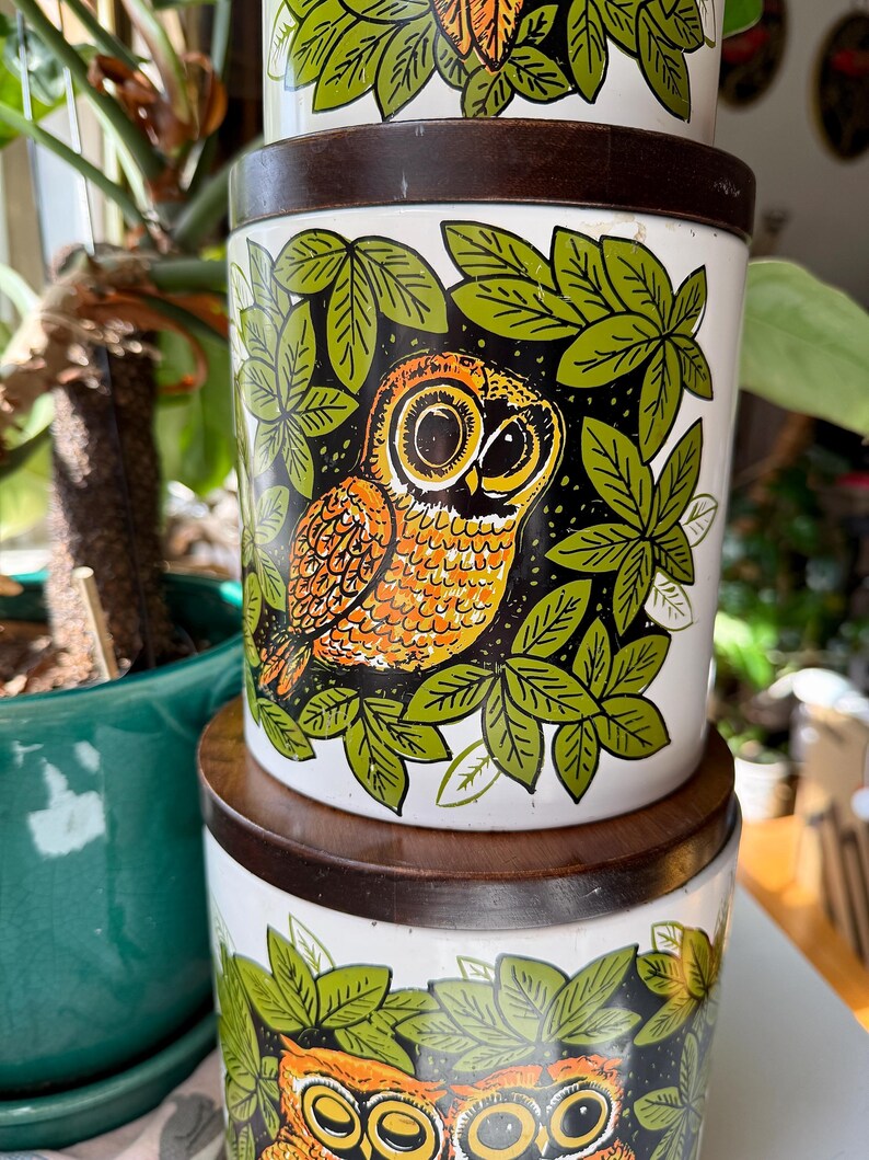 Set of 3 - Retro Ransburg Owl Canister Set Owl Kitchen Storage Metal ...