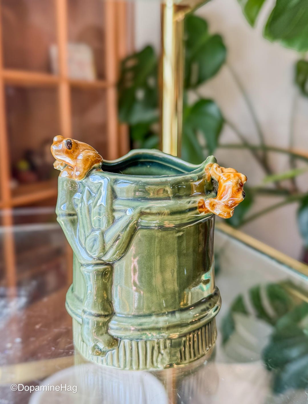 Vintage Mid Century Majolica Ceramic Green Bamboo Planter Vase With Two ...