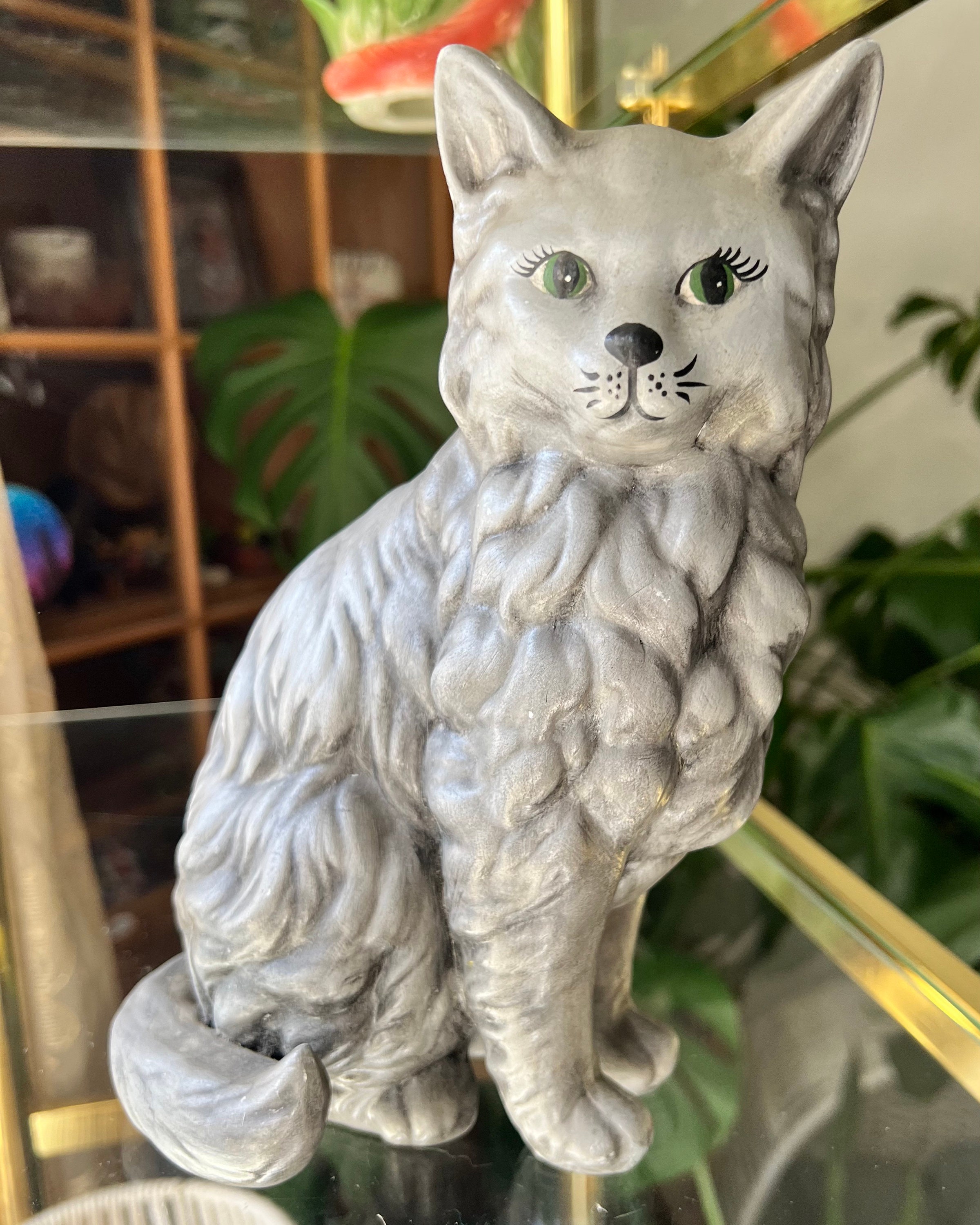 Vintage Ceramic Hand Painted Gray Cat Kitten With Green Eyes Figurine ...