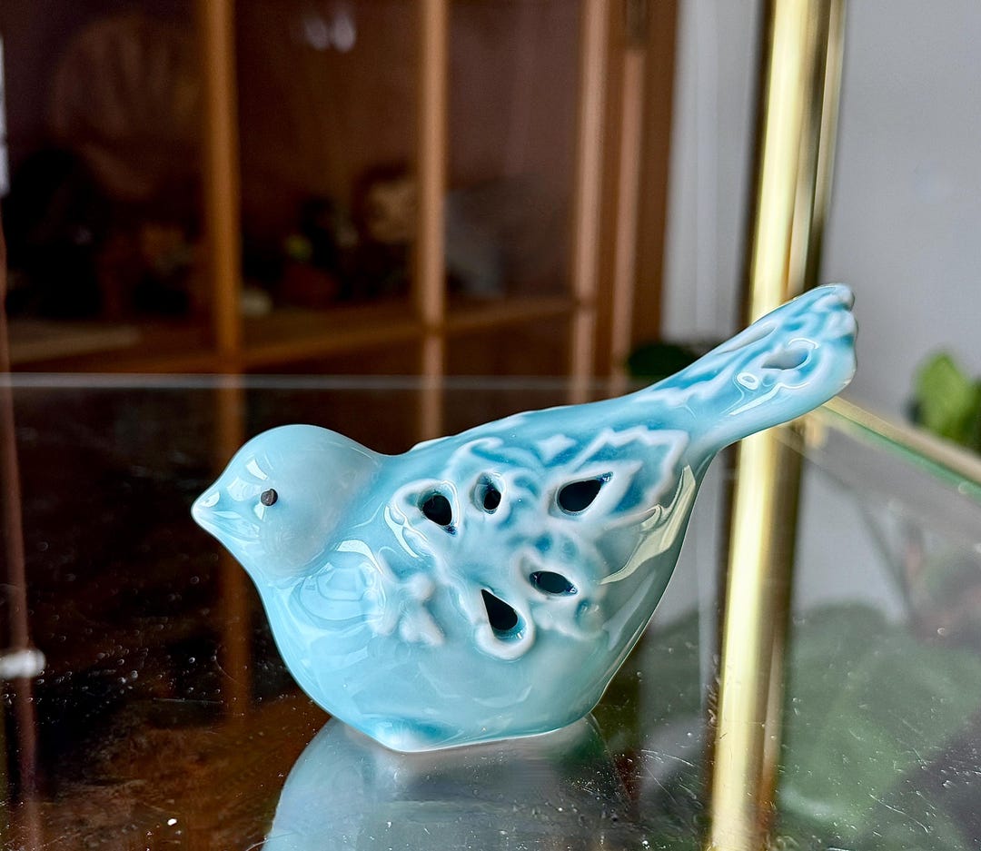 Vintage Inspired Ceramic Blue Bird With Intricate Details With Lattice ...