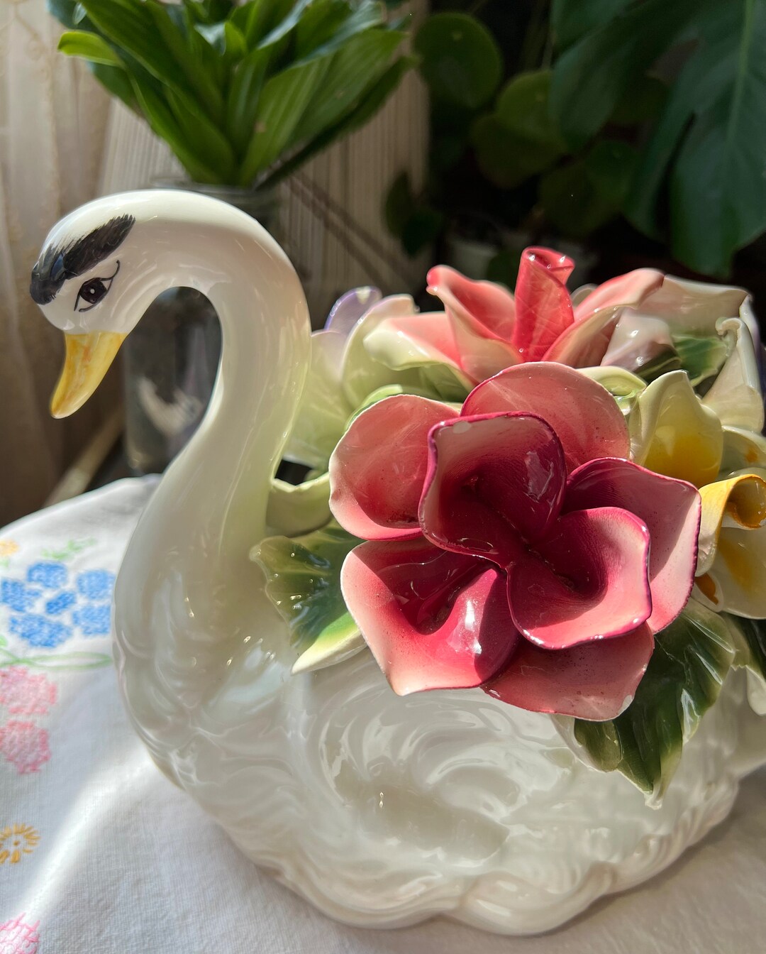 Vintage Large Hand Sculpted Italian Capodimonte Swan With Multi-colored ...