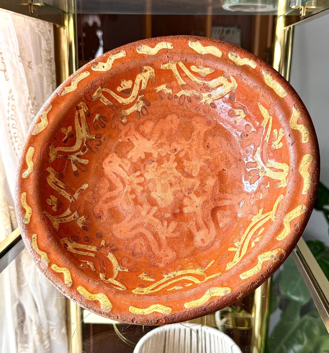 Antique 18th/19th Century Primitive Redware Pottery Yellow Bird Pattern ...