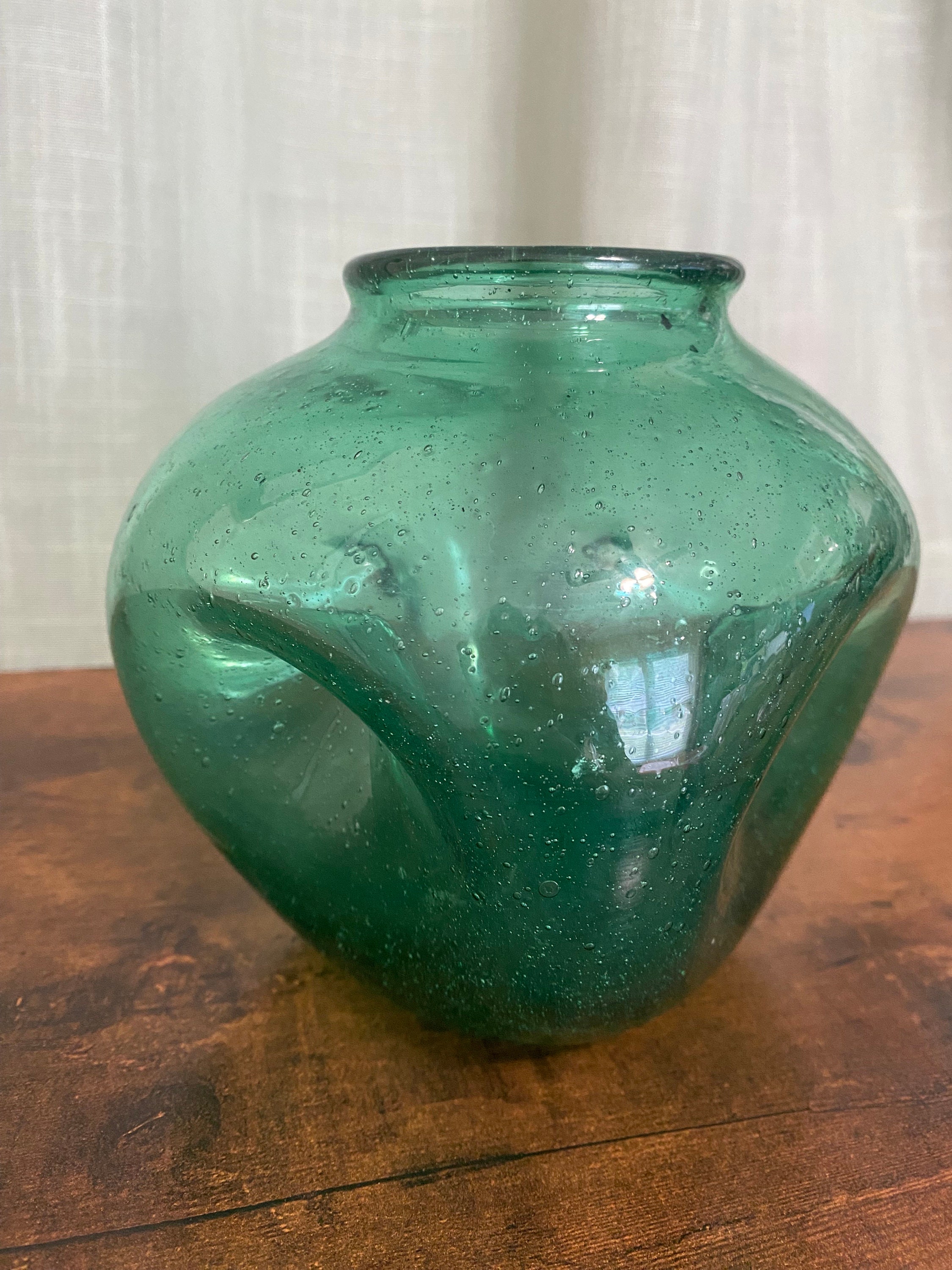 Blenko Vase Green Crackle Glass With Dimples Crimped Mid-century Modern ...