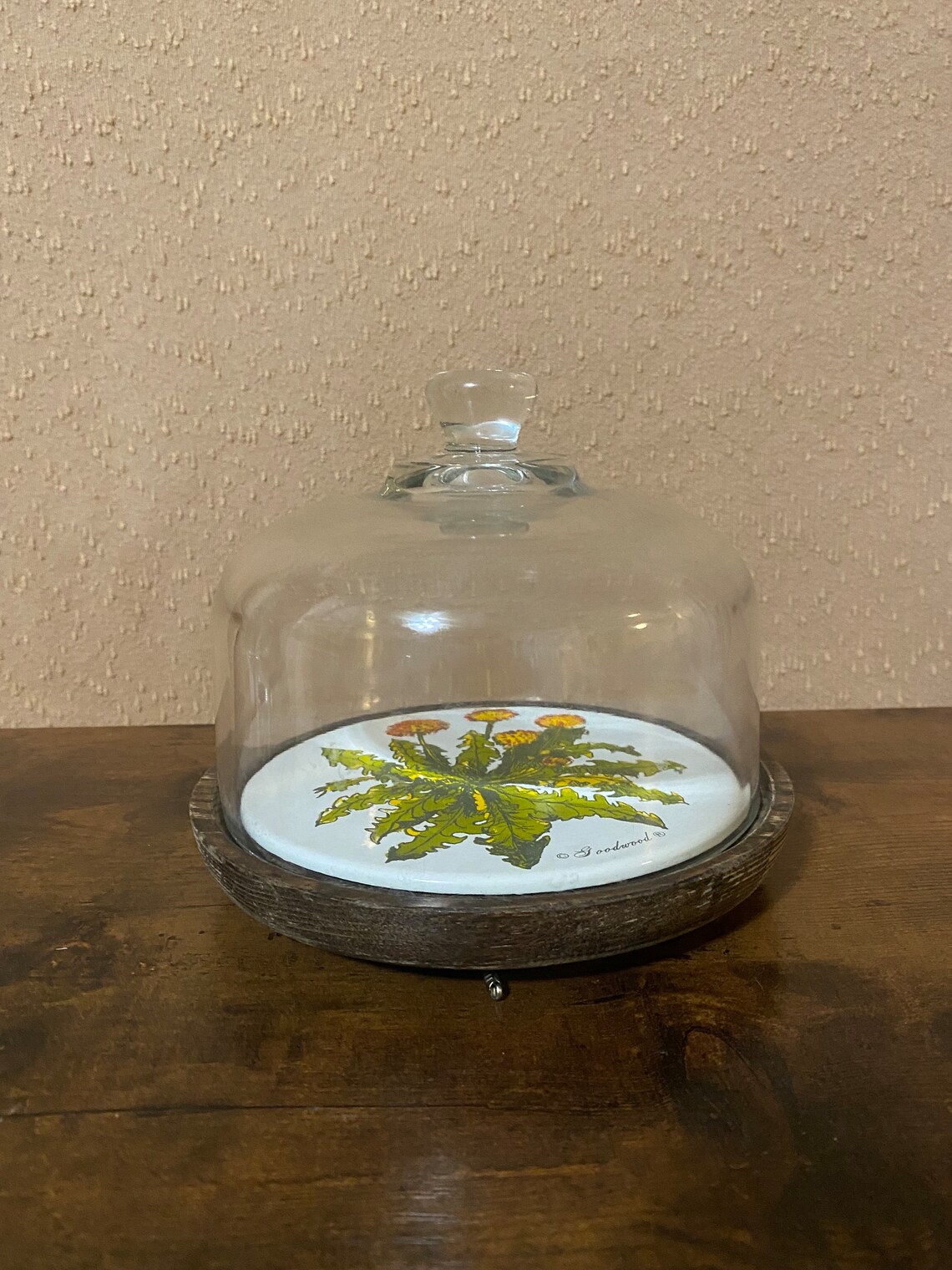 Goodwood Dandelion Cheese Tray Tile on Footed Teak Wood Base & Glass ...