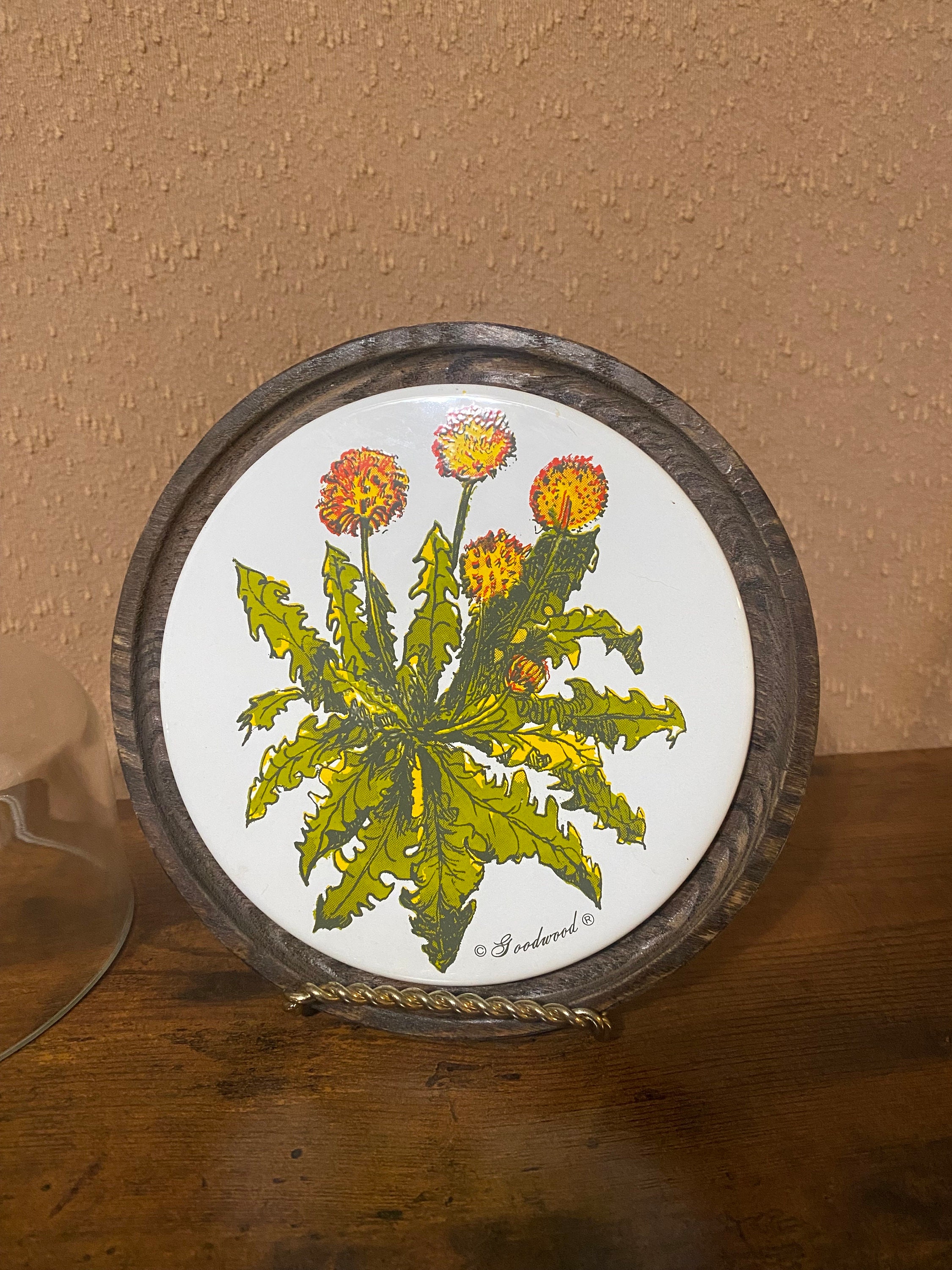 Goodwood Dandelion Cheese Tray Tile on Footed Teak Wood Base & Glass ...