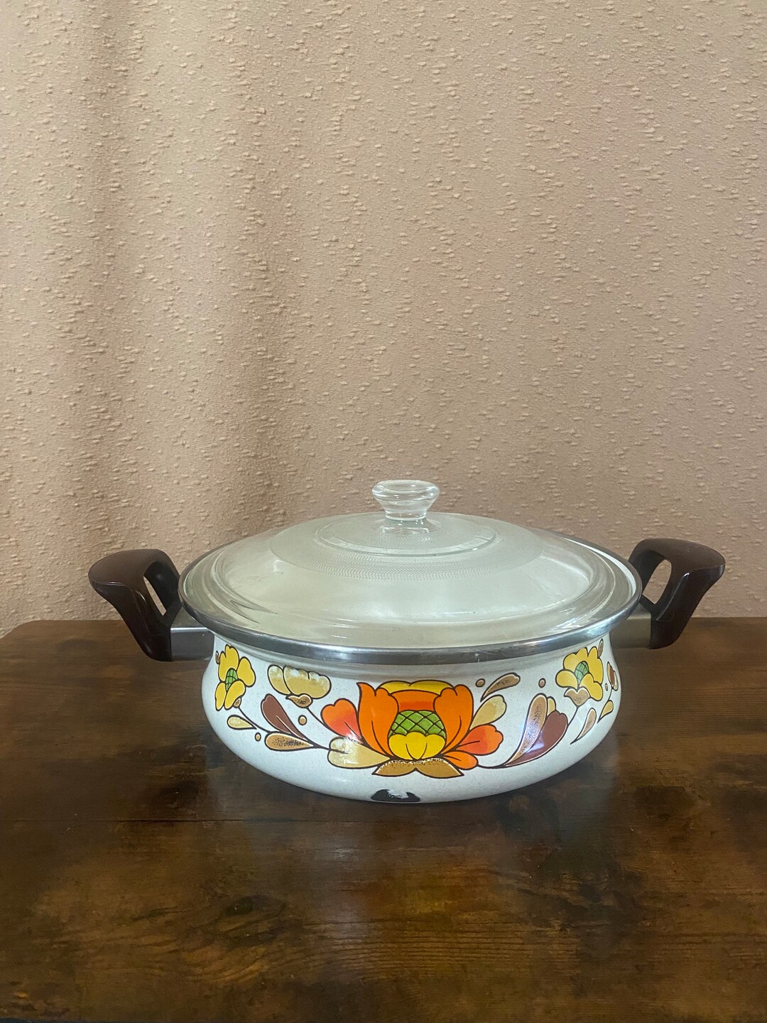Vintage 70s Sanko Ware Country Flowers Porcelain Enameled Steel ...