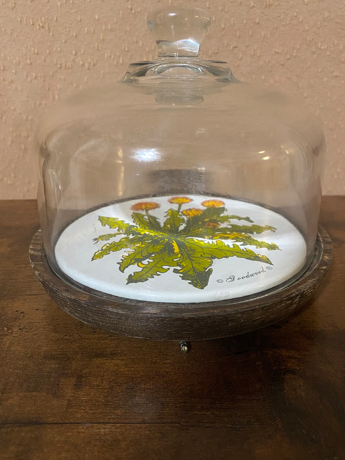 Goodwood Dandelion Cheese Tray Tile on Footed Teak Wood Base & Glass ...