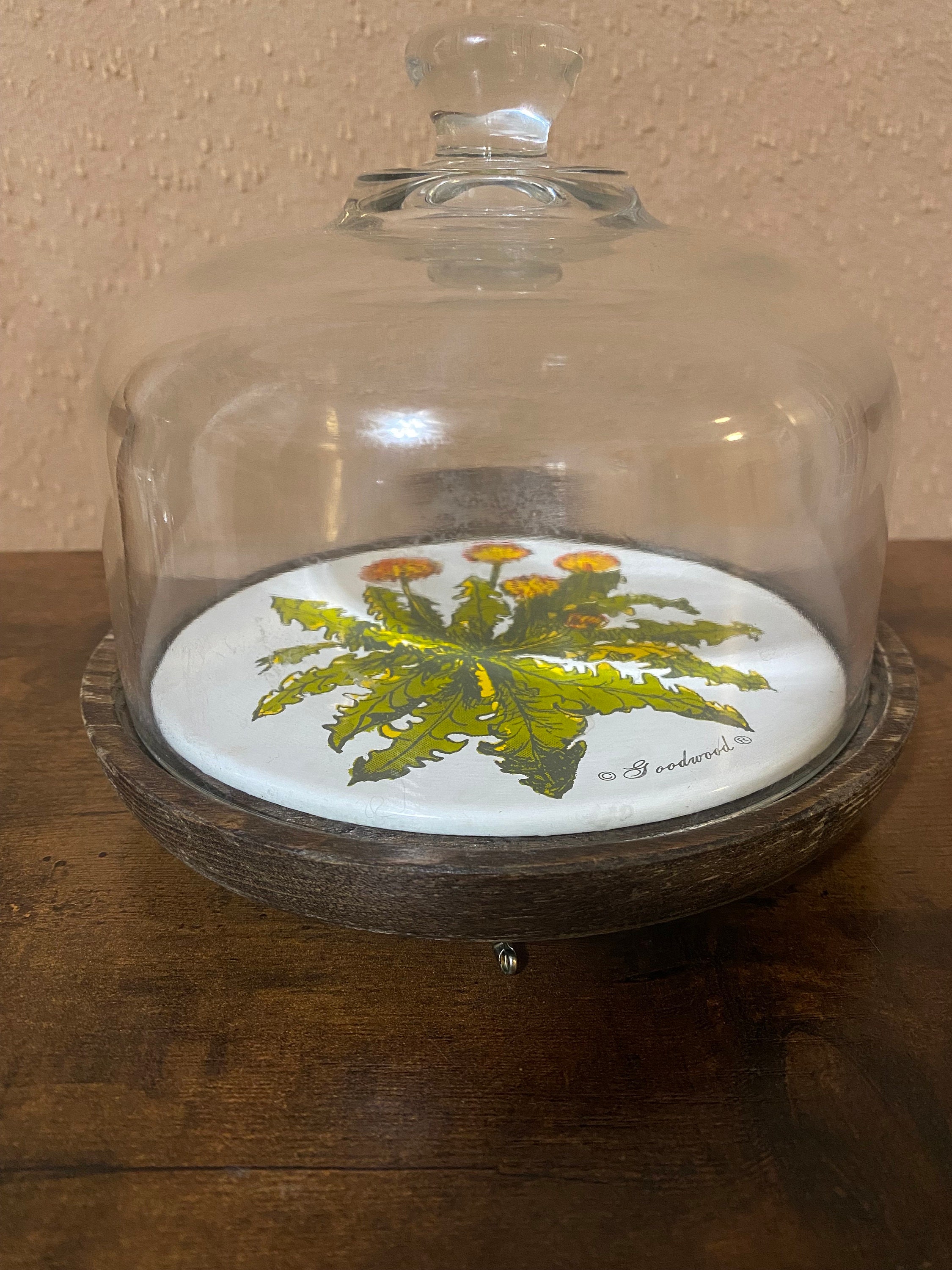 Goodwood Dandelion Cheese Tray Tile on Footed Teak Wood Base & Glass ...