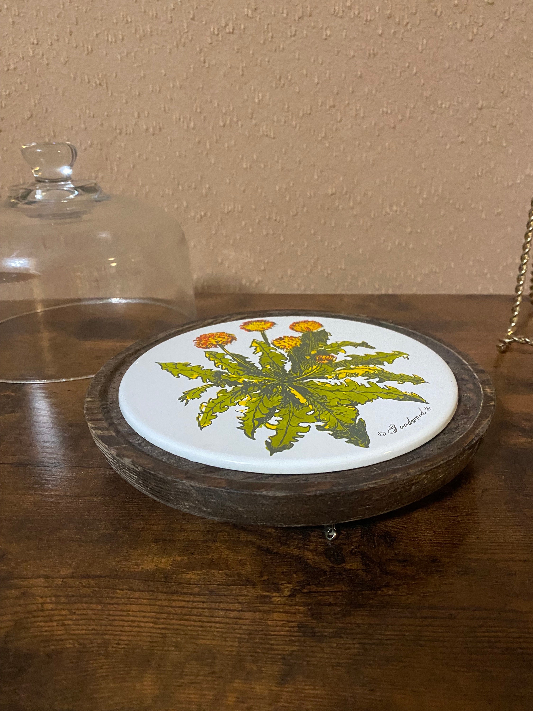 Goodwood Dandelion Cheese Tray Tile on Footed Teak Wood Base & Glass ...