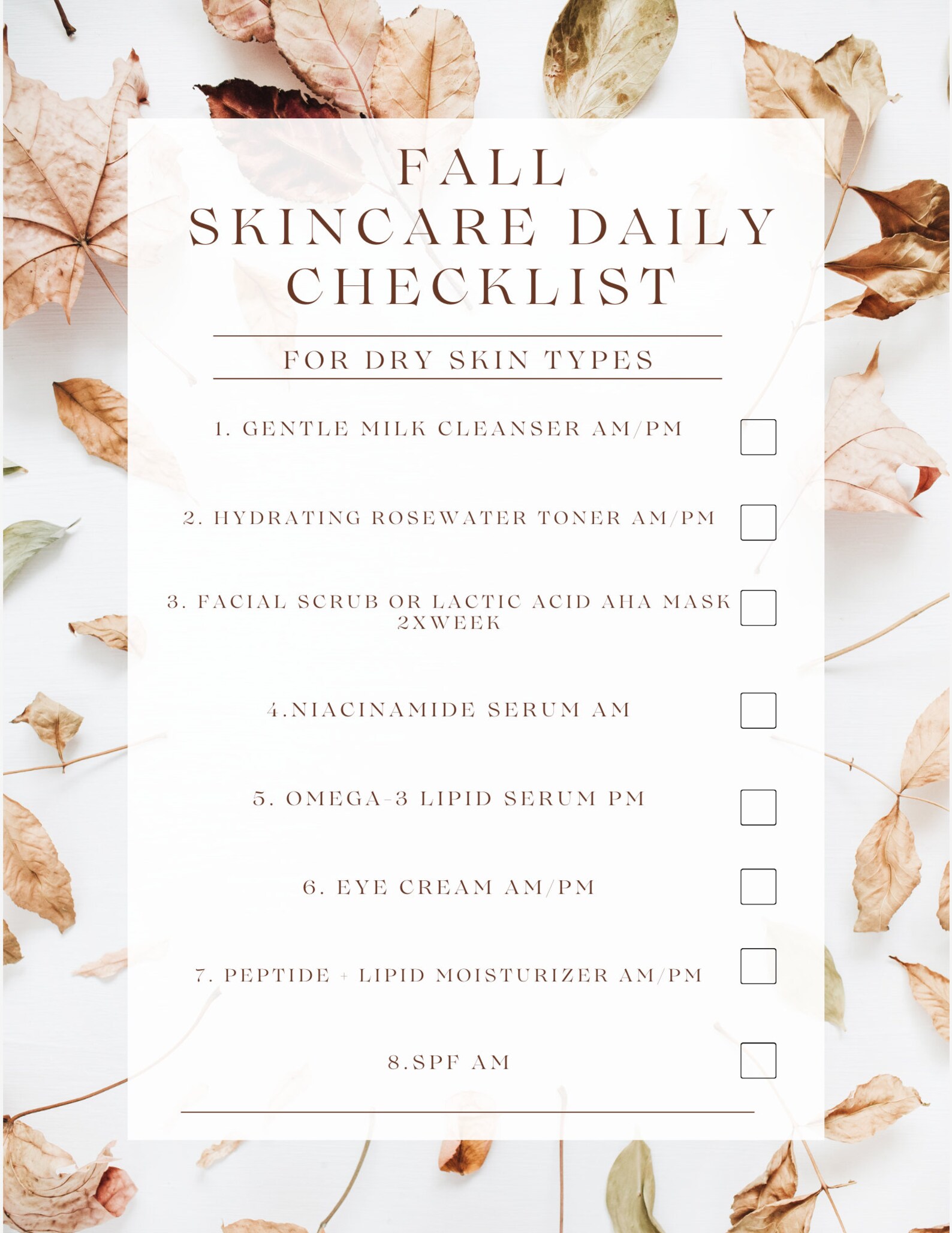 Printable Fall Skincare Daily Checklist for Dry Skin Types - Etsy
