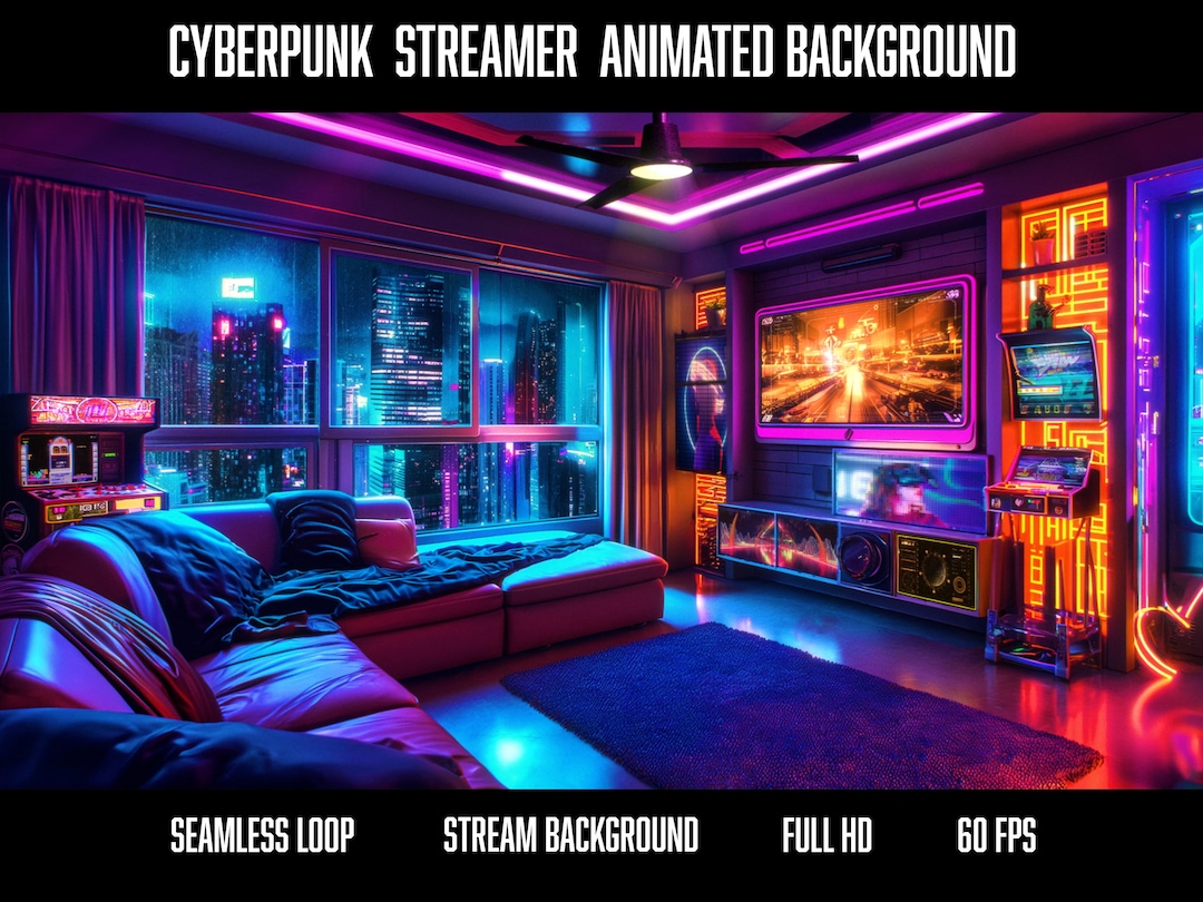 Animated Background Cyberpunk Streamer Living Room With Video Screens ...