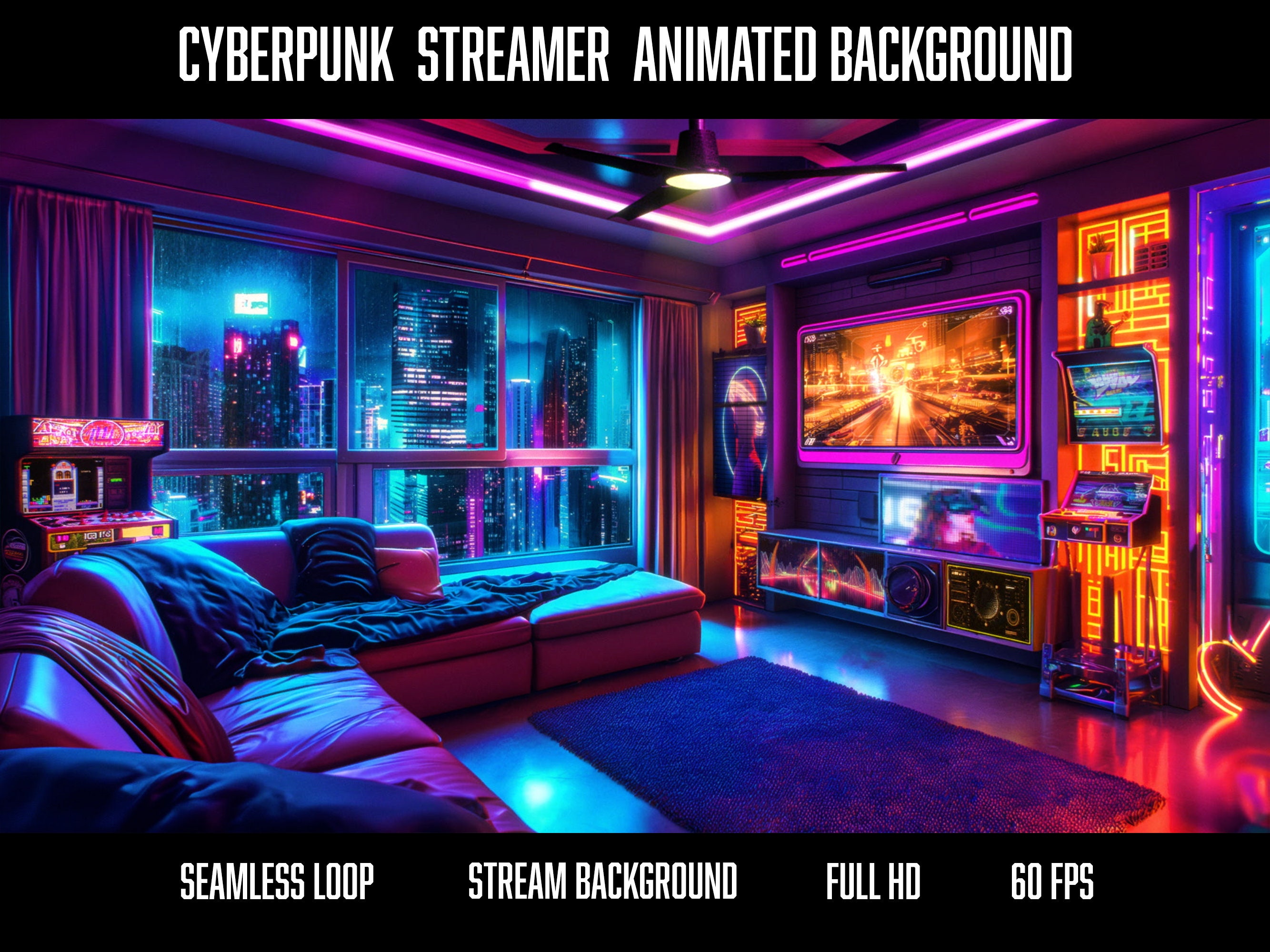 Animated Background Cyberpunk Streamer Living Room With Video Screens ...