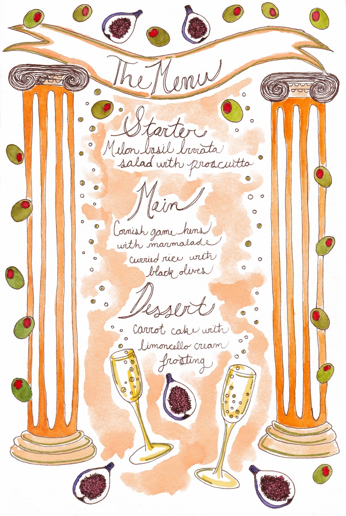 Fully Custom Hand-drawn Watercolor Menu Card for Weddings and Events ...