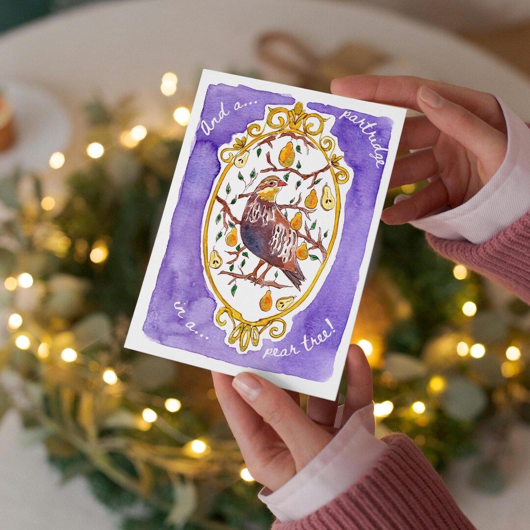 A Partridge in a Pear Tree Elegant Watercolor Christmas Card // Retro ...