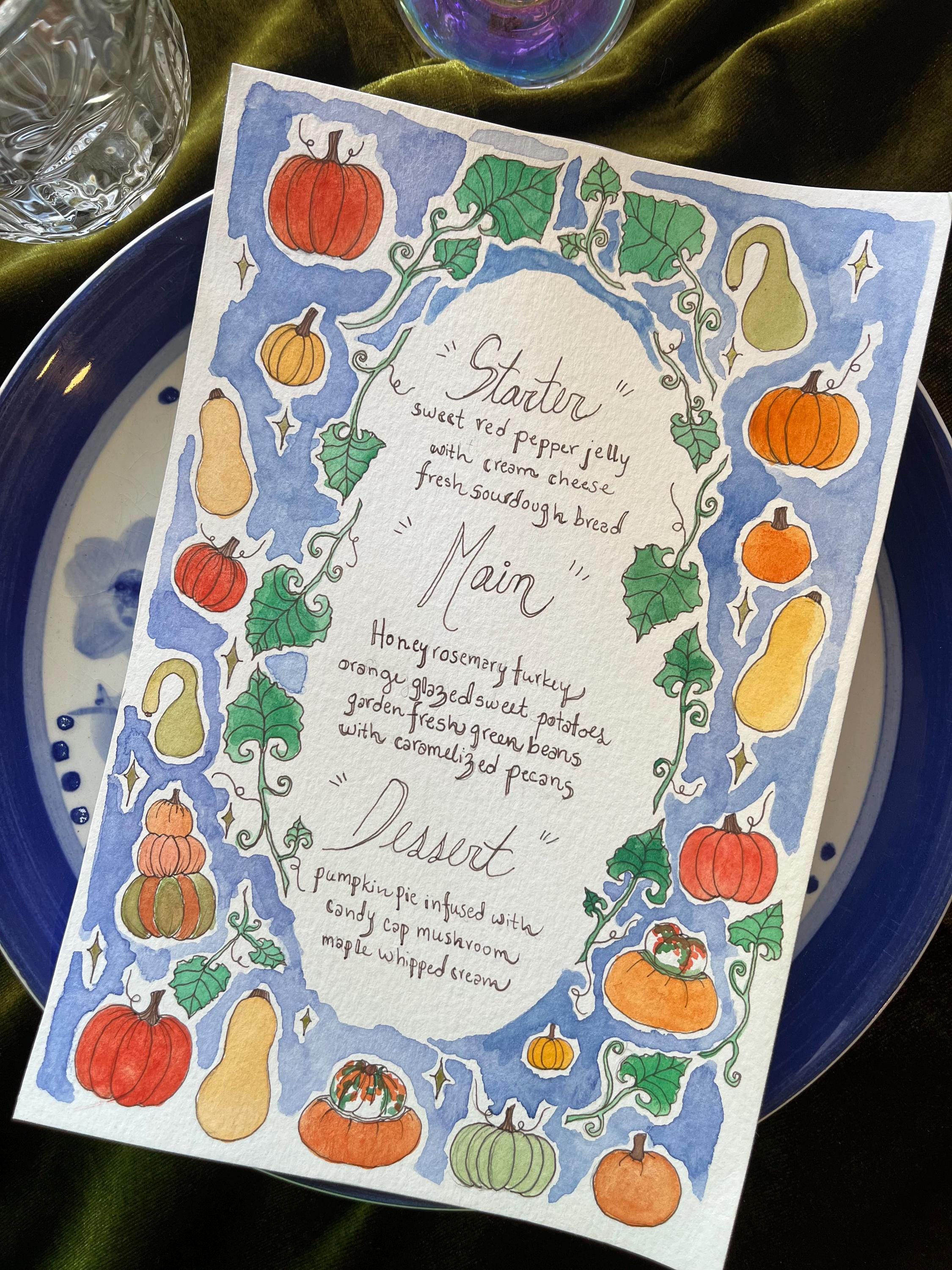 Fully Custom Hand-drawn Watercolor Menu Card for Weddings and Events ...