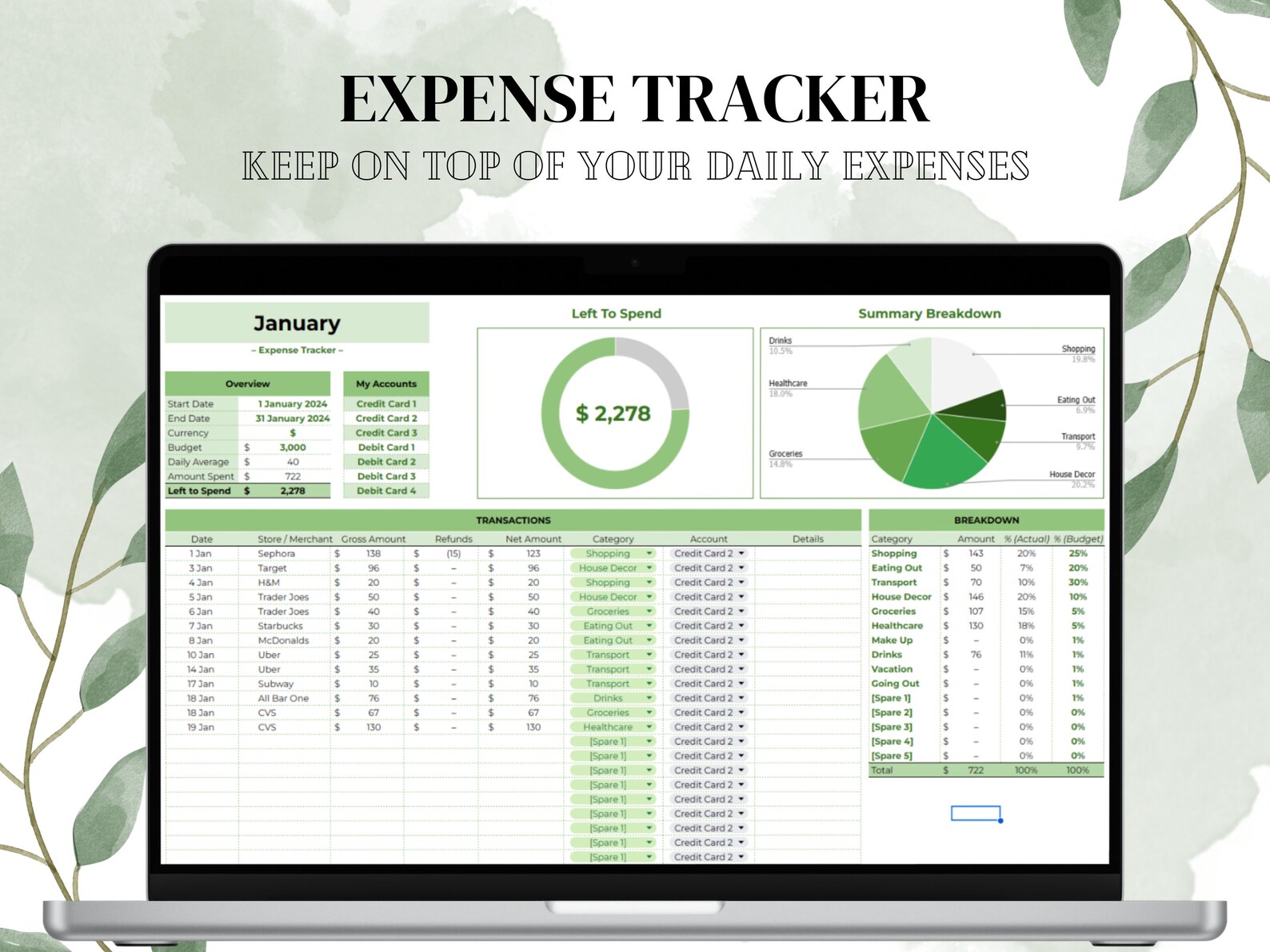 Expense Tracker Spreadsheet for Google Sheets, Expense Tracker Template ...