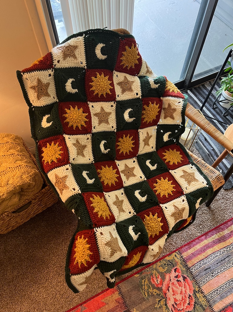 Handmade Sun-moon-star Crochet Granny Square Blanket/couch Throw (made ...