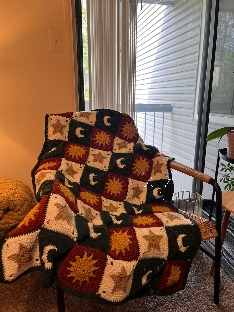 Handmade Sun-moon-star Crochet Granny Square Blanket/couch Throw (made ...