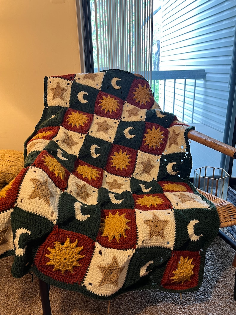 Handmade Sun-moon-star Crochet Granny Square Blanket/couch Throw (made ...