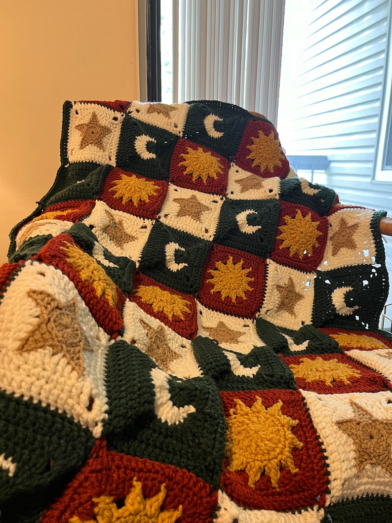 Handmade Sun-moon-star Crochet Granny Square Blanket/couch Throw (made ...