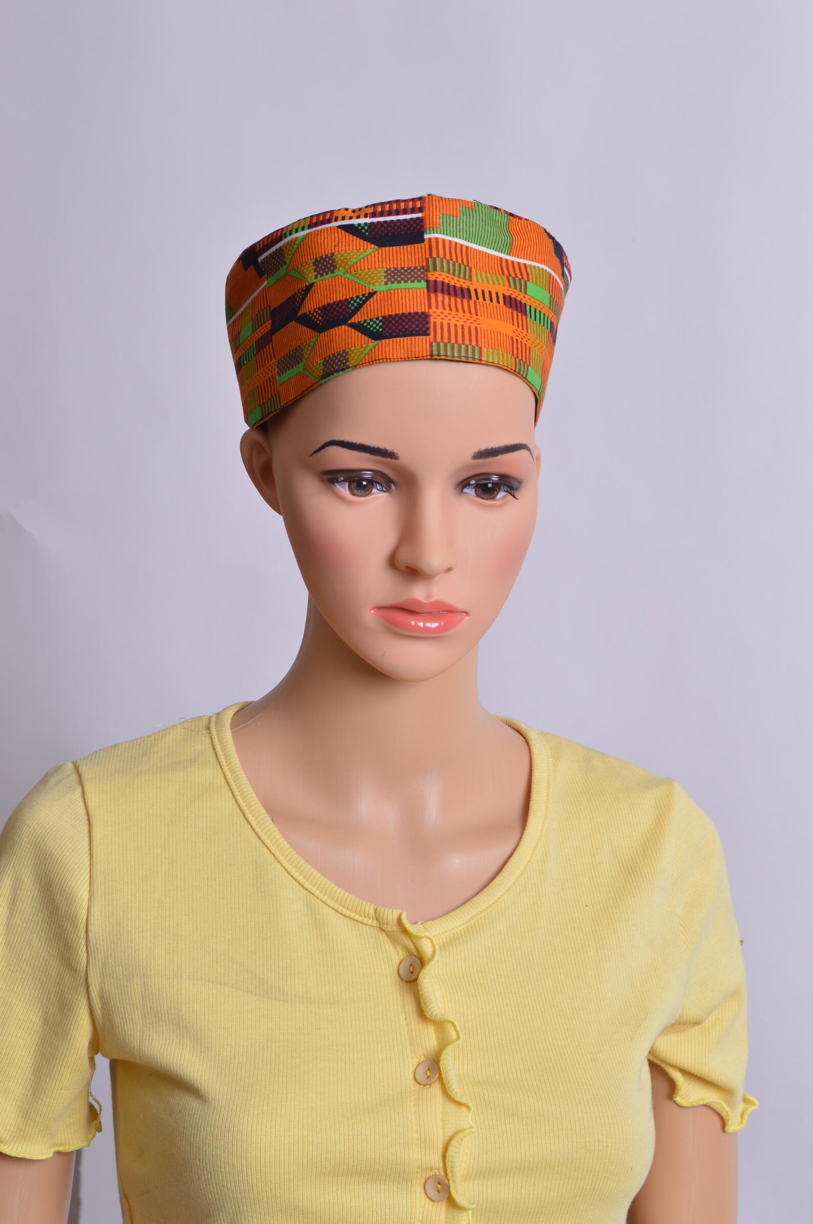 African Kente Kufi Hat Green Orange by Africanclothingetc - Etsy