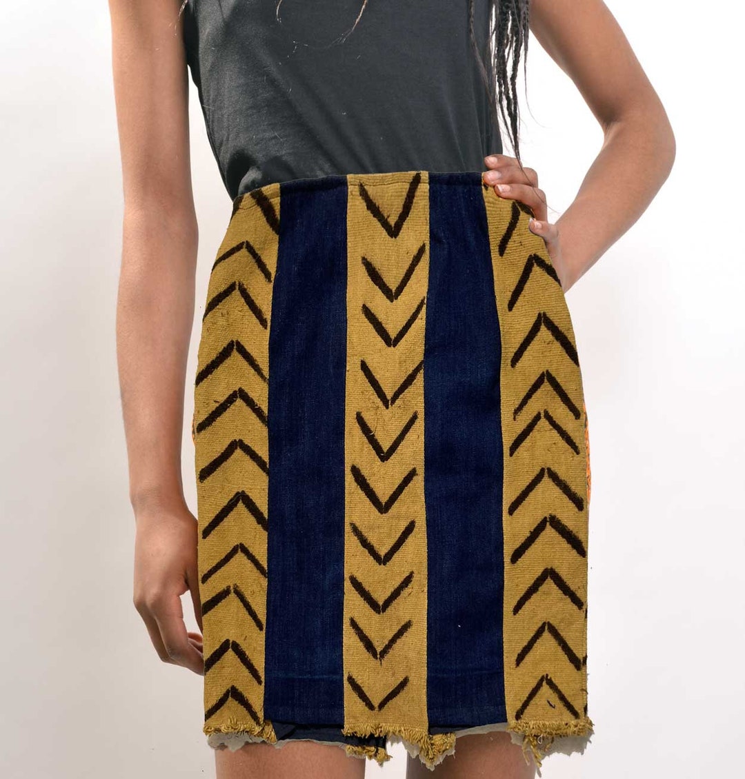 Mud Cloth Denim Skirt Mudcloth Pencil Skirt With Jeans Strips - Etsy