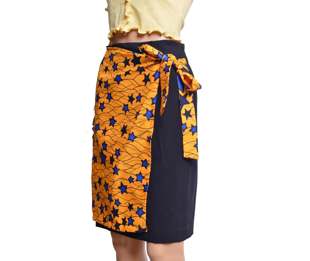 African Print Skirt - Black Wrap Skirt With Ankara Overlay ...