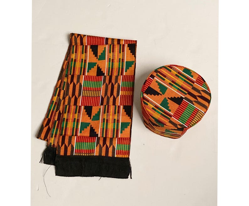 Kente Stole and African Print Hat Kufi for Kwanzaa Black History Month ...
