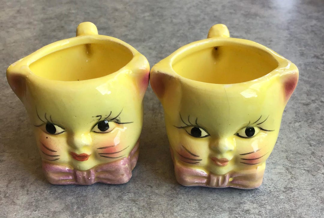 Vintage Rare Ceramic Pastel Yellow Cat Face Mini Mugs Cups - Etsy