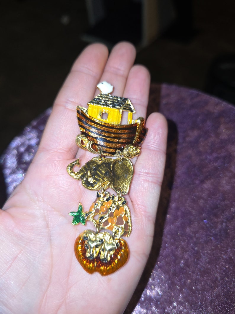 Don Lin Enamel Noah’s Ark Signed Brooch Pin Goldtone Multi Color Enamel ...