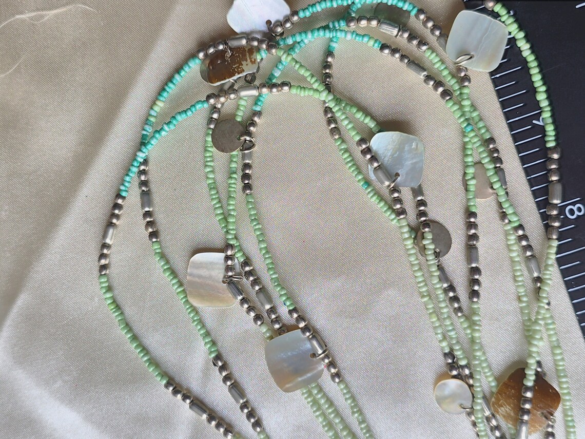 Boho Multi-strand Teal Green Blue Colors Beaded N Shell Choker Necklace ...