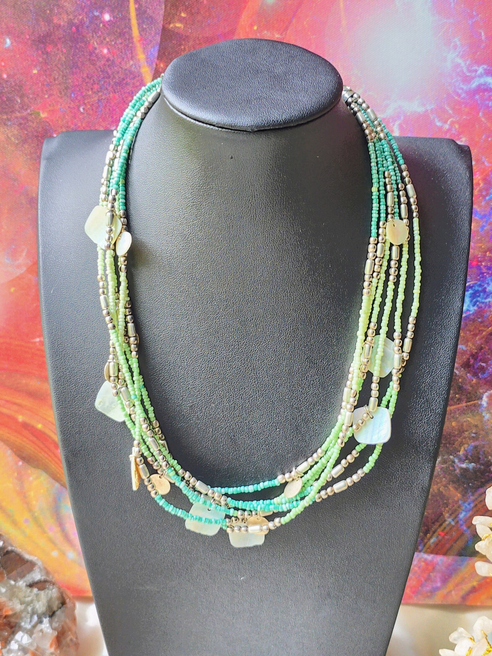Boho Multi-strand Teal Green Blue Colors Beaded N Shell Choker Necklace ...