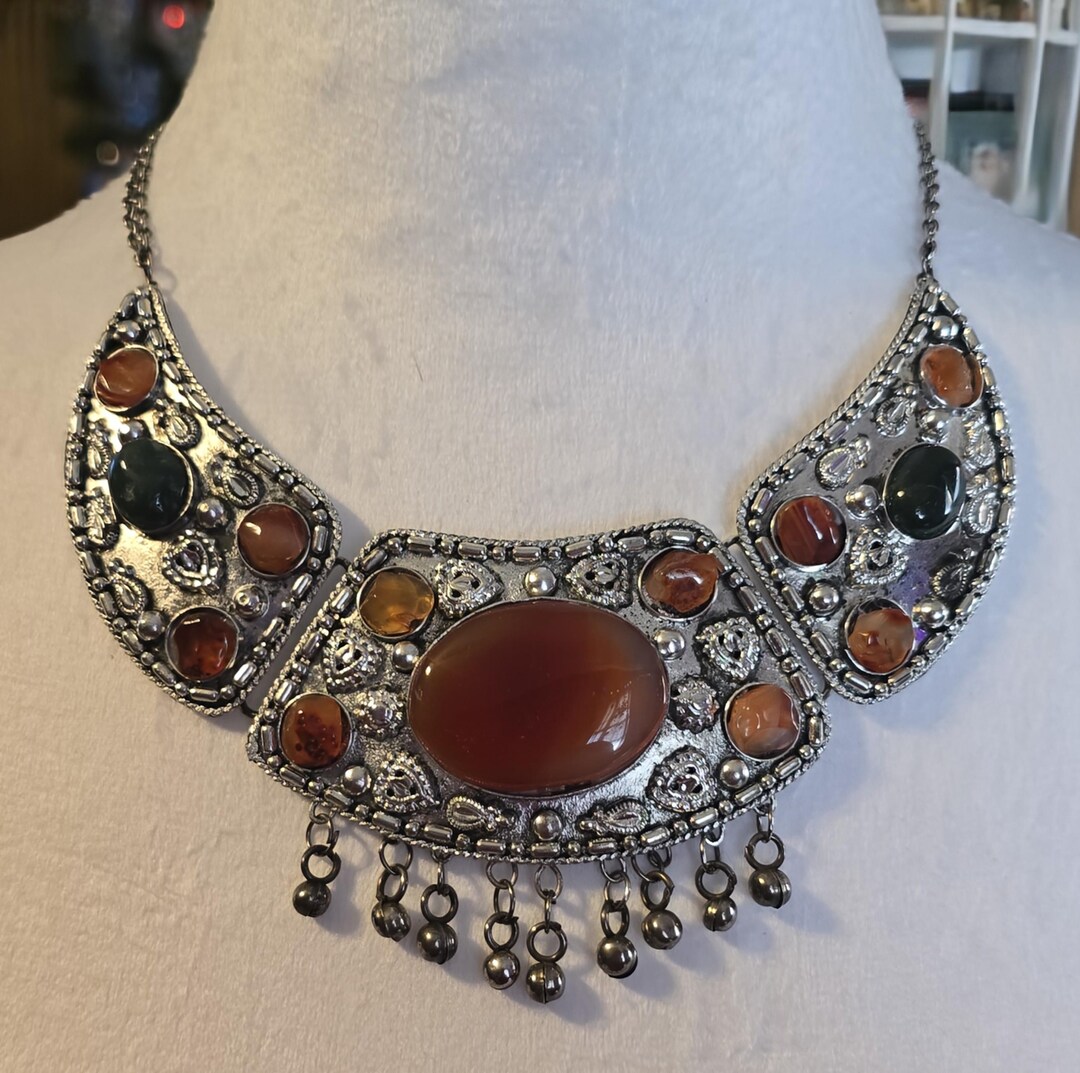 Vintage Turkish Silver Gemstone Pectoral Necklace: Handmade Boho Collar ...