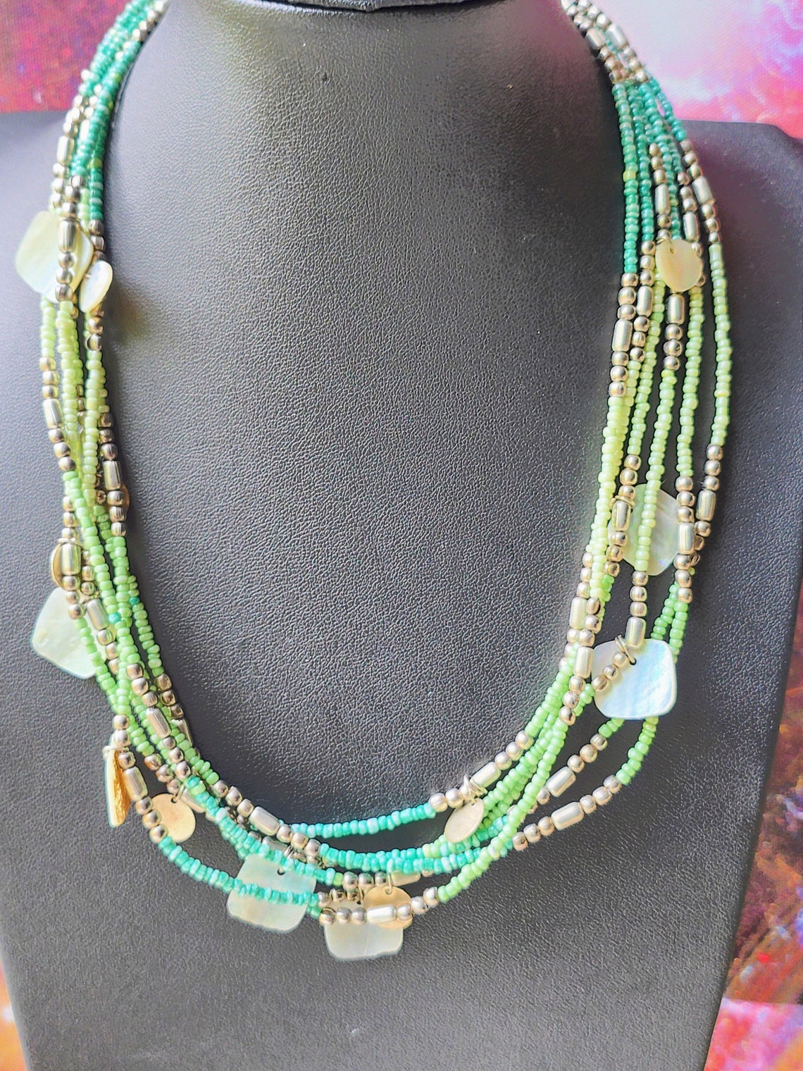 Boho Multi-strand Teal Green Blue Colors Beaded N Shell Choker Necklace ...