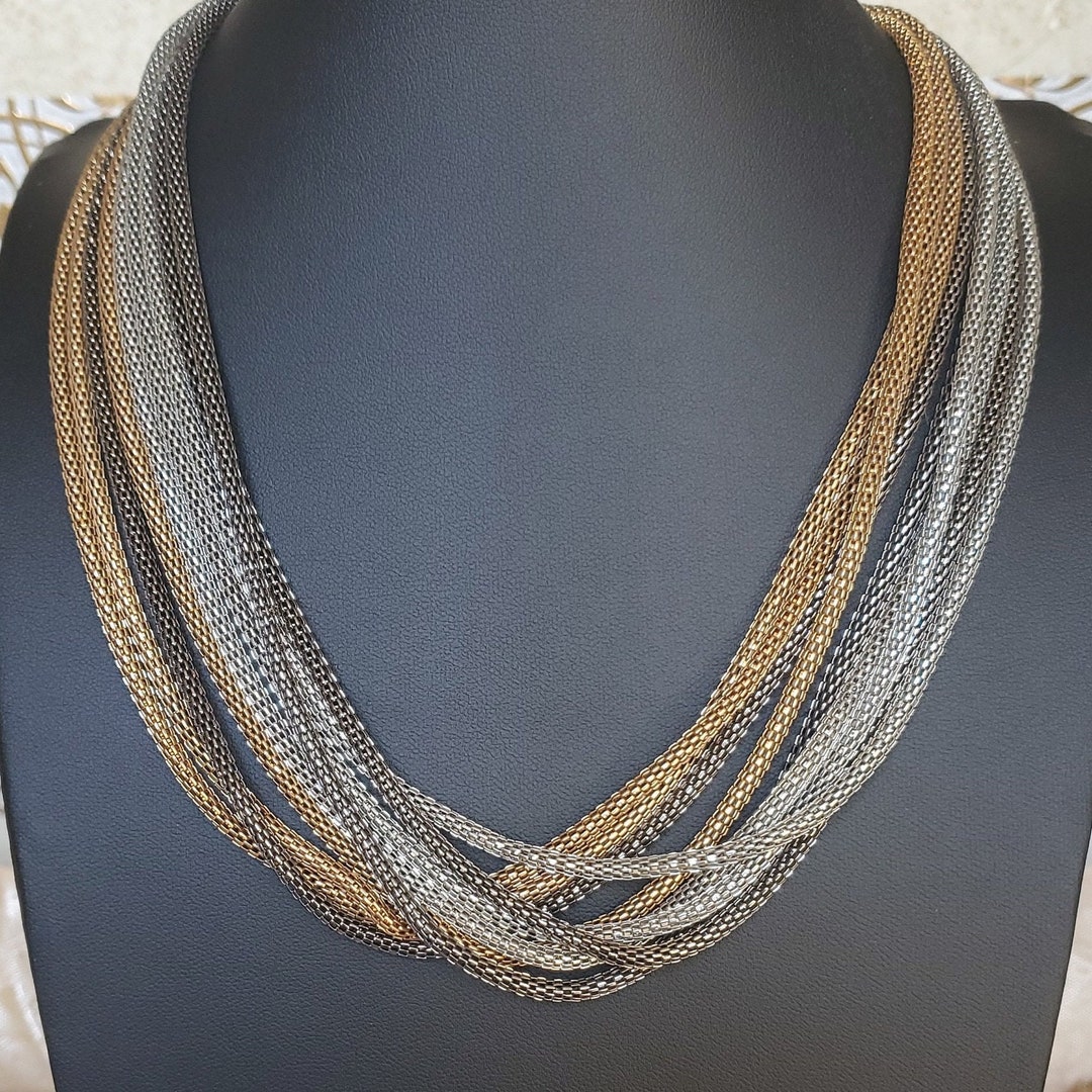 Vintage Gold, Silver, Black, Multi-chain Statement Necklace. Layered Necklace. Snake Chain ...