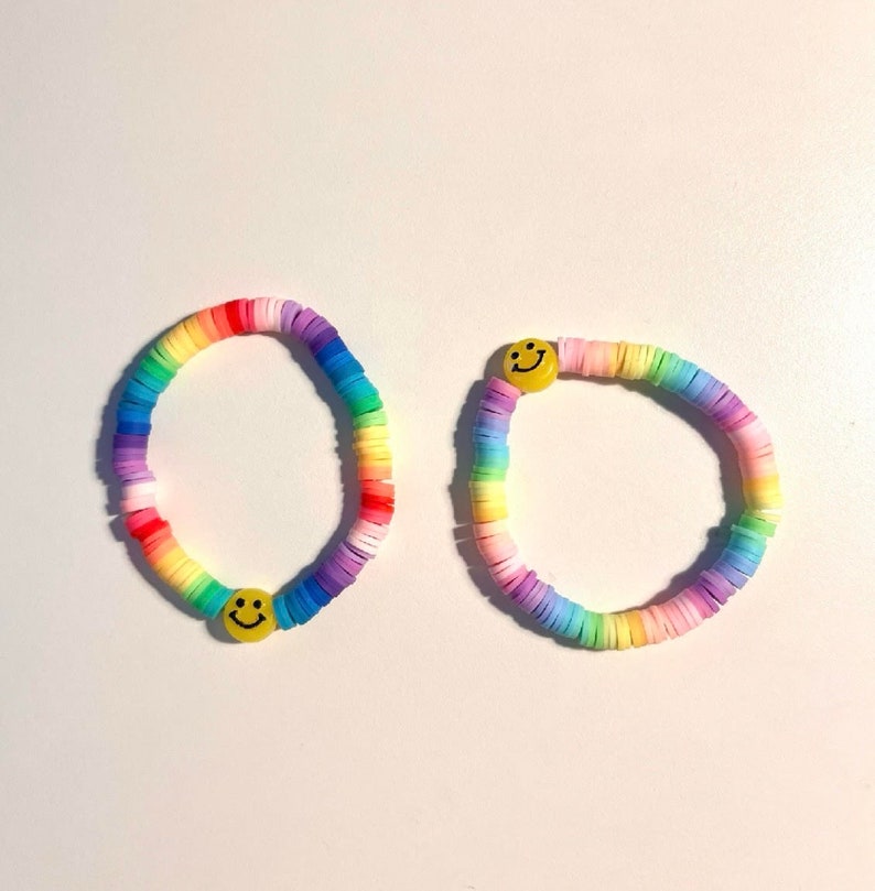 Rainbow Smiley Face Heishi Clay Bead Bracelet Stretchy Pastel VSCO ...