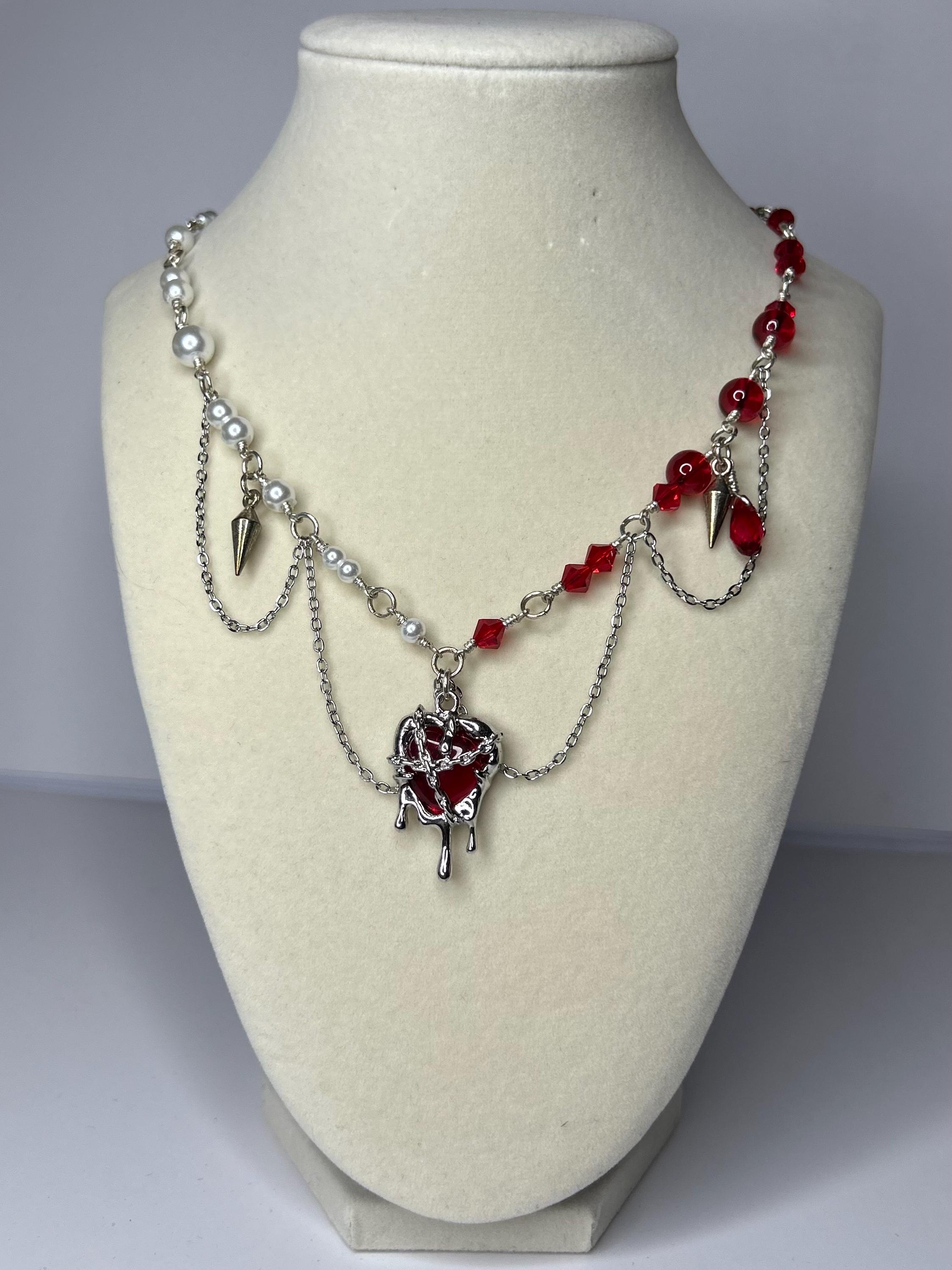 Silver Bloody Heart Necklace: Red Glass Beads, Faux Pearl Y2K Jewelry ...