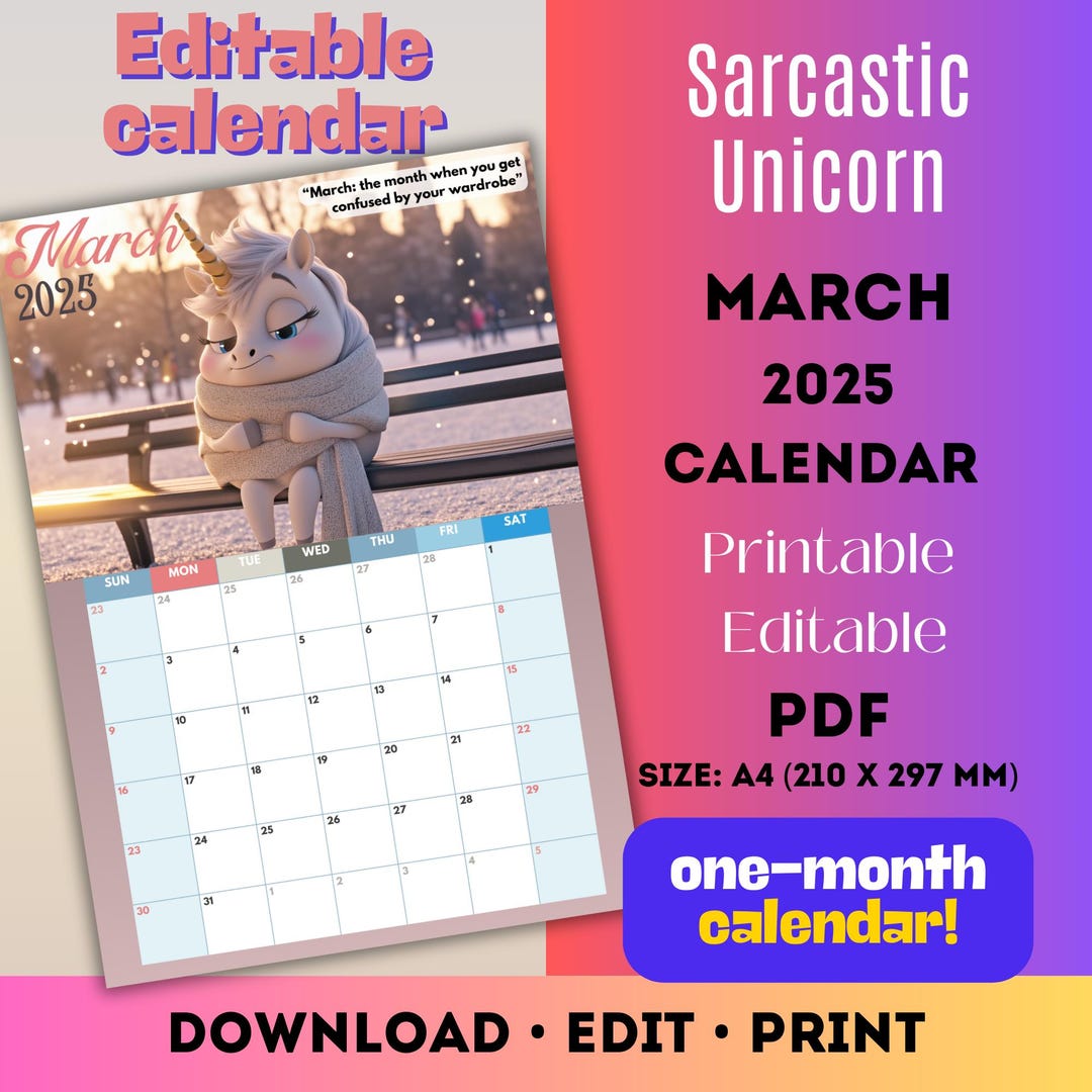 Editable March 2025 Calendar, Sarcastic Unicorn, Printable Wall Art ...