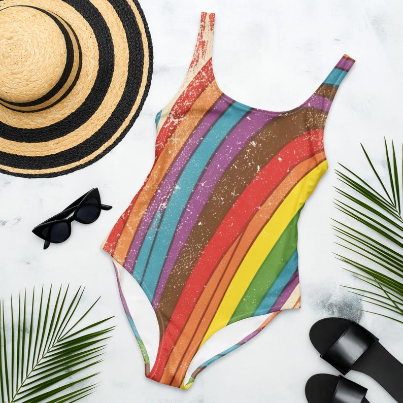 Retro Rainbow One-piece Swimsuit | Vintage Retro Recycled Eco Friendly ...